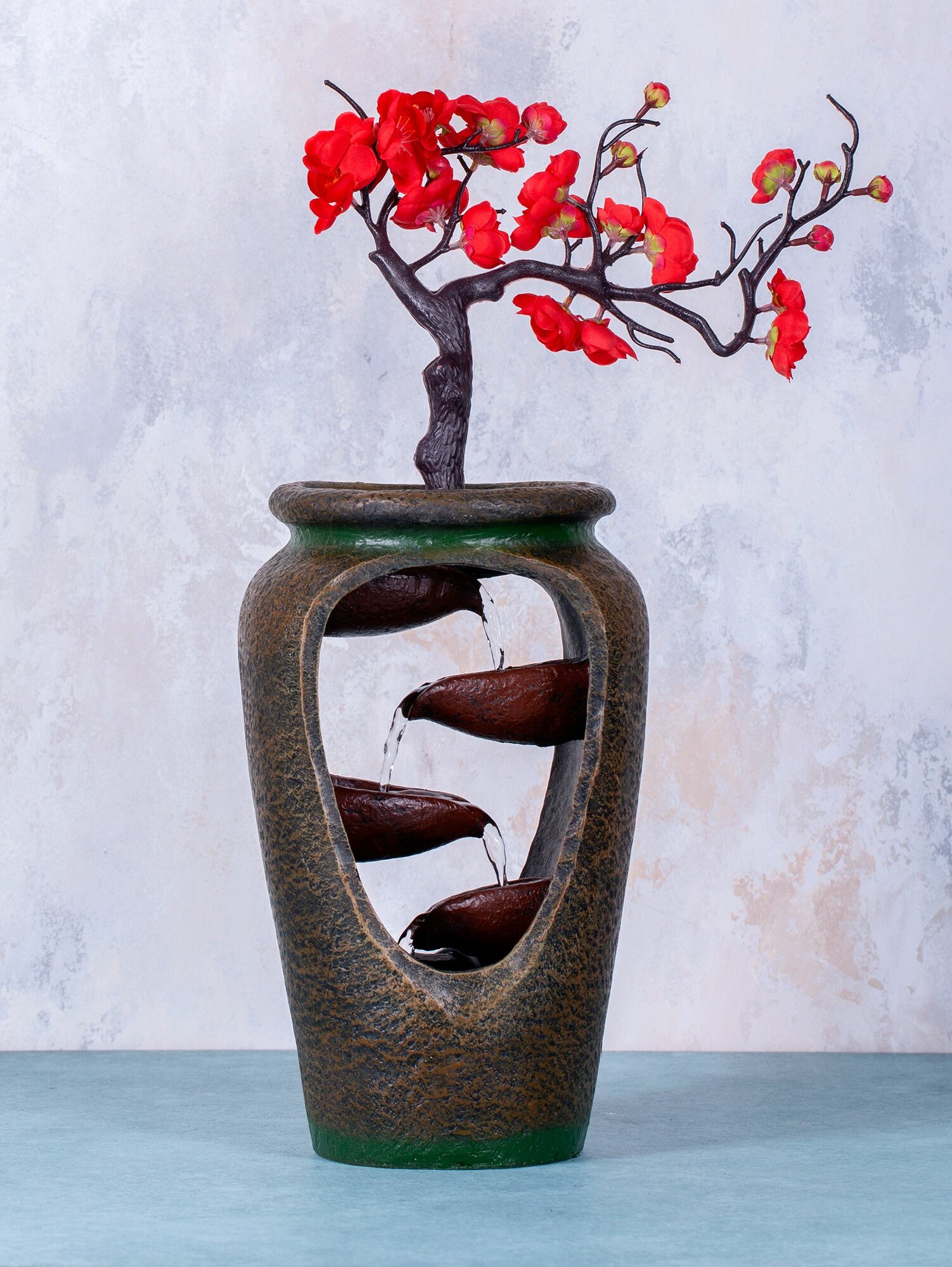 Настольный фонтан "Красная Сакура", полистоун, с подсветкой, высота 49см, ширина 35см