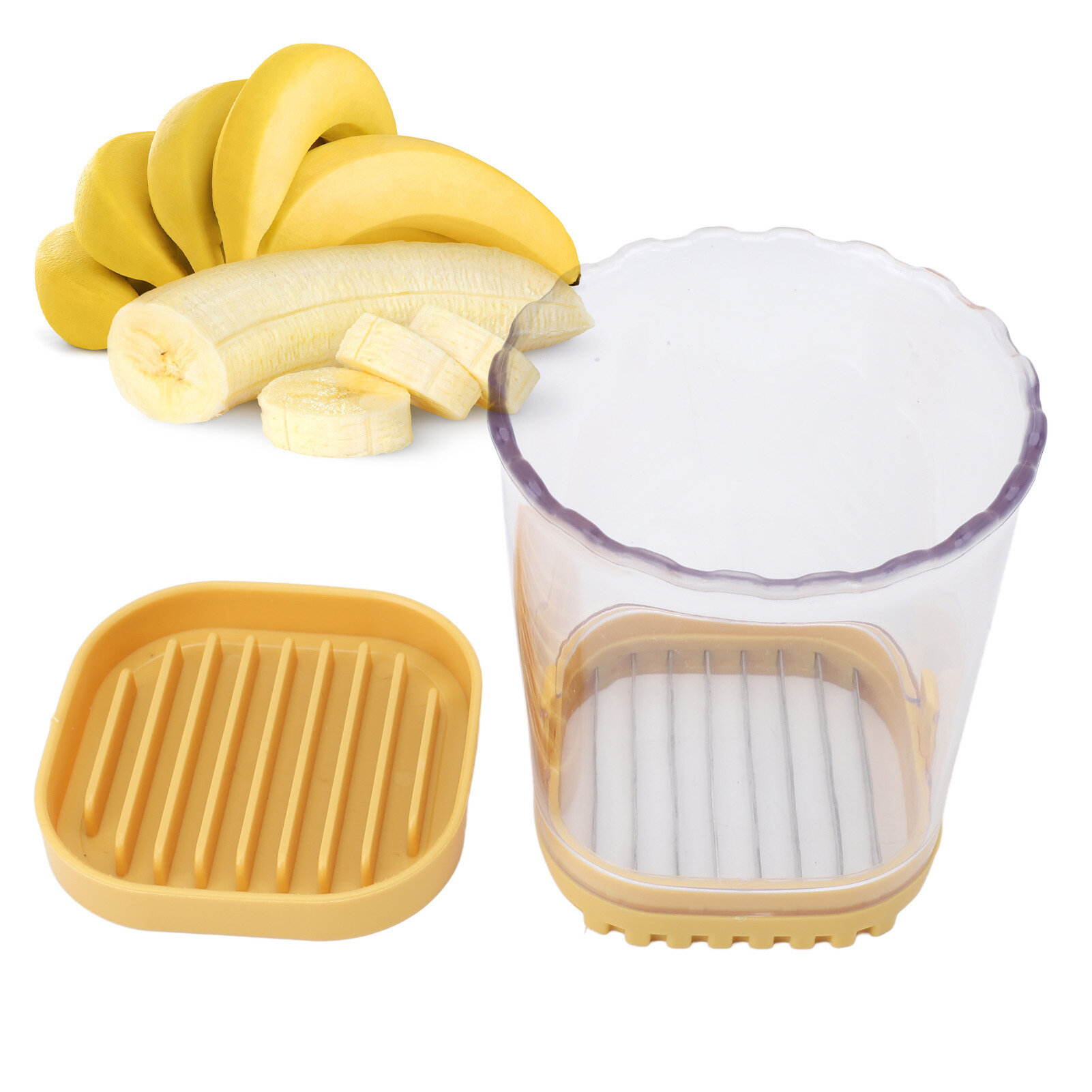 Чашка для нарезки овощей и фруктов из нержавеющей стали, пластиковая скоростная нарезка фруктов с толкающей пластиной для бананов, клубники, яиц, кухонный гаджет желтого цвета