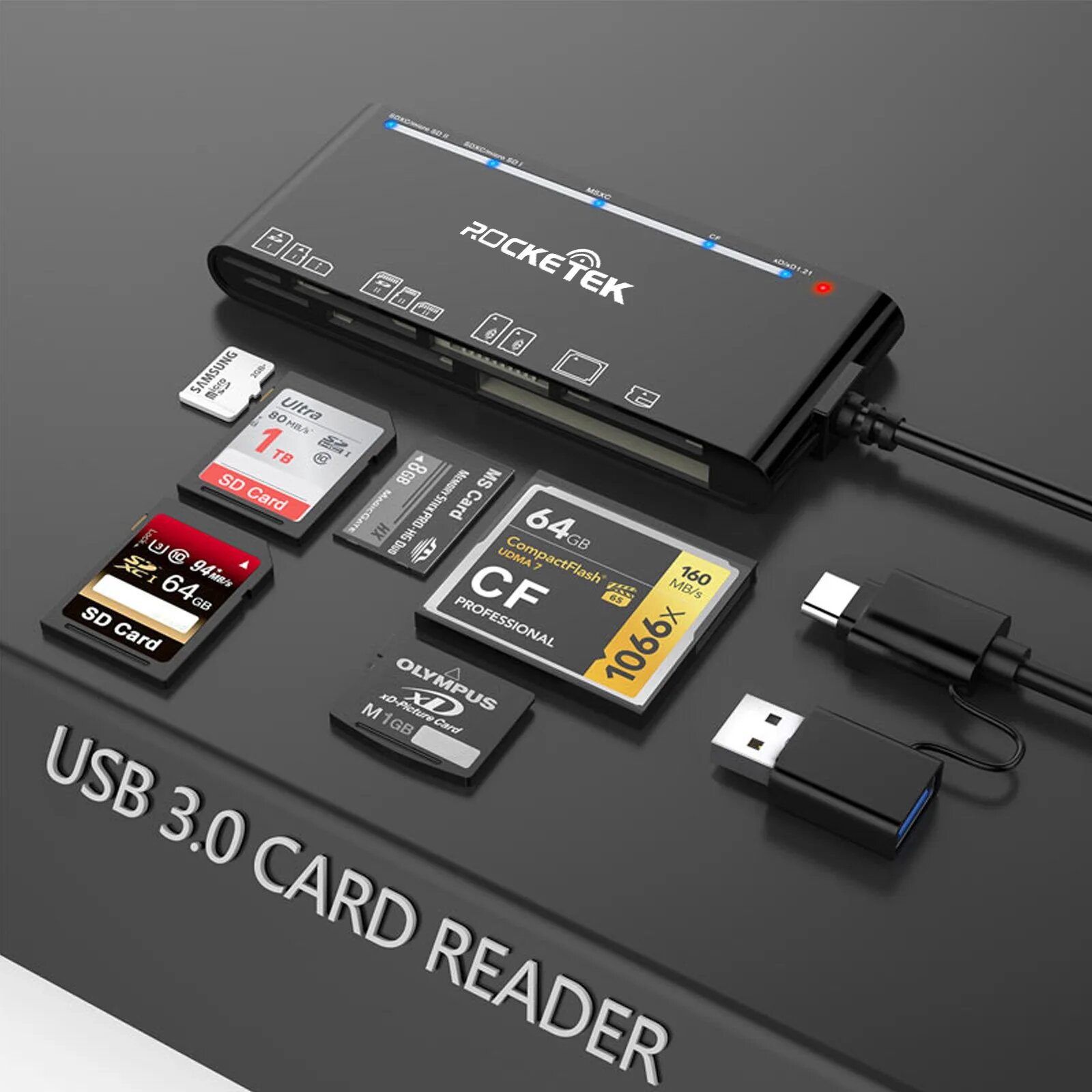 Черный картридер RockeTek 7-в-1 USB 3.0 Type-C