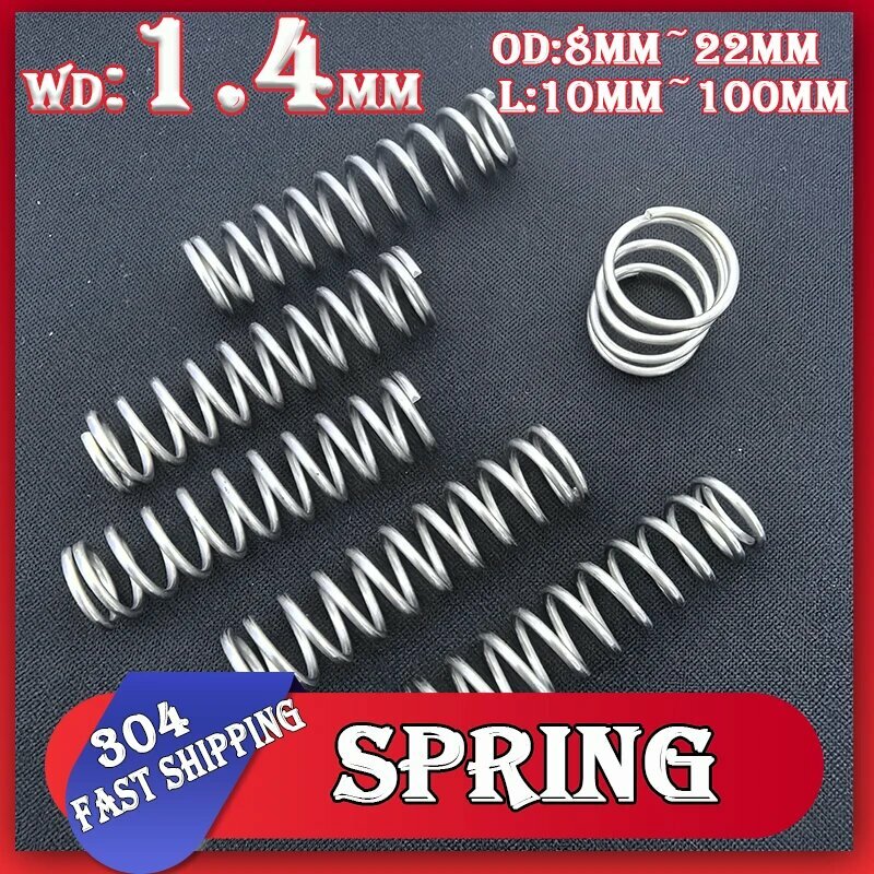 Диаметр проволоки 1,4 мм, пружина сжатого материала из нержавеющей стали 304, внешний диаметр 8-22 мм, пружина давления, возвратная пружина, индивидуальный заказ