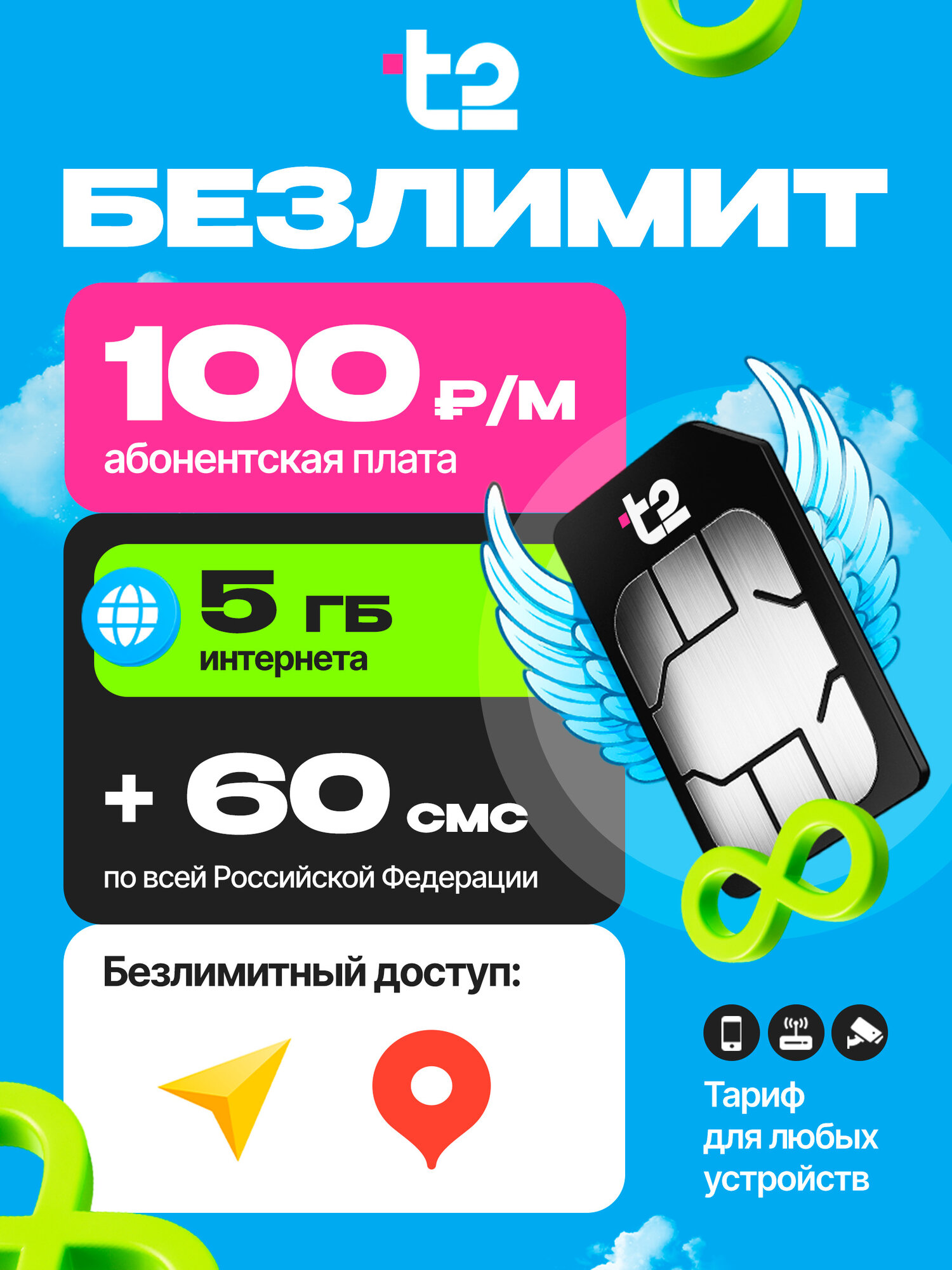 SIM-карта T2 (теле2) СИМ 5 гб + 60 смс за 100 руб/мес + раздача и безлимит на соц сети/мессенджеры (любые устройства)