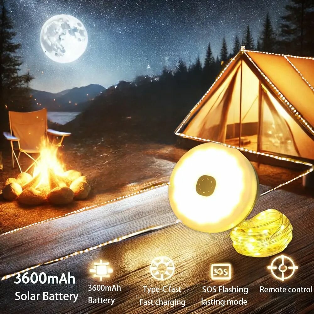 Гирлянда уличная кемпинговый прожектор на солнечной батарее, перезаряжаемый портативный туристический повербанк, LED-панель,120 лампочек, лента светодиодная led 12 метров