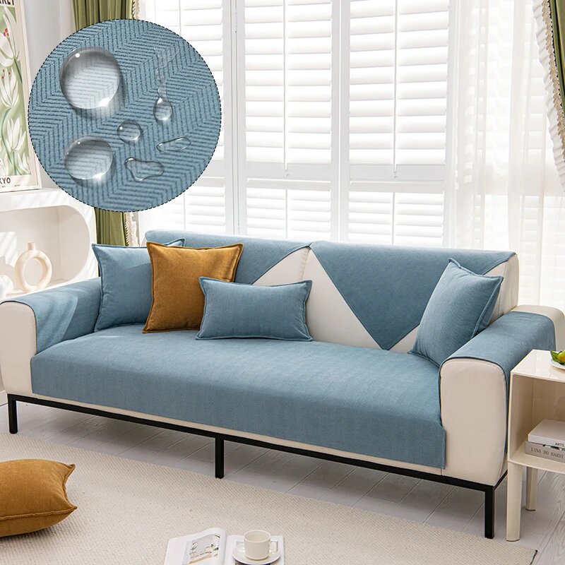 Водонепроницаемый чехол для диванной подушки, синельные текстуры, универсальный нескользящий чехол для дивана, защитное полотенце для дивана для украшения гостиной 110x240cm-1pc, Waterproof-Blue