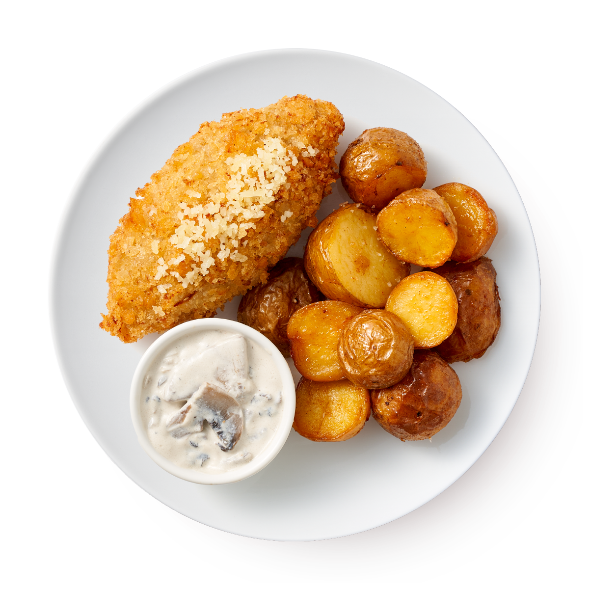 Котлета по-пожарски с печёным бэби картофелем и грибным соусом «Летающая тарелка»