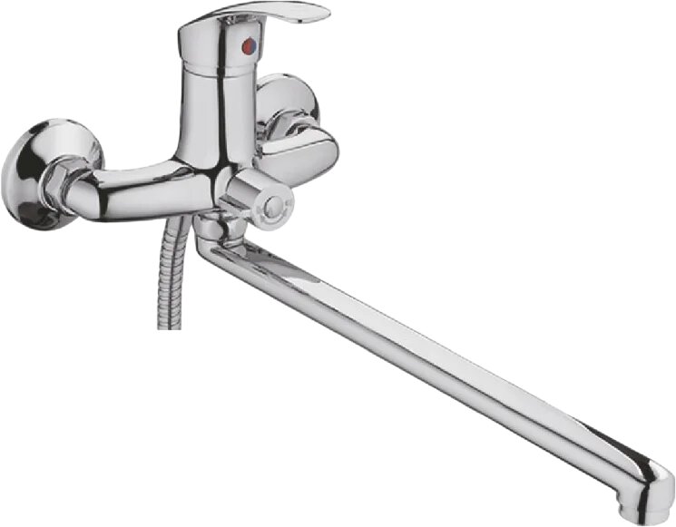Смеситель с длинным изливом для ванны Cron CN36 CN2236 с душевым гарнитуром, поворотный, металлический, хром, глянцевый, смеситель для ванны с душем, рычажный, с настенным держателем