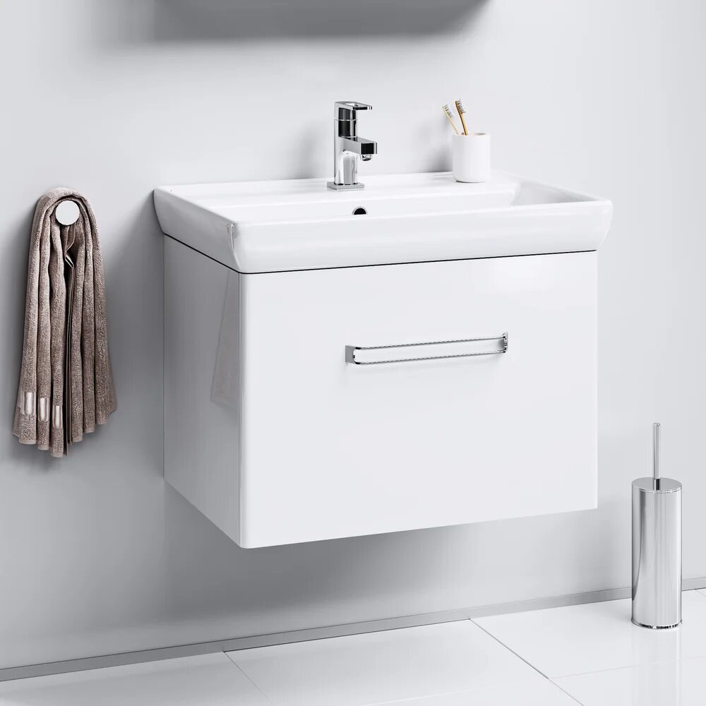 Тумба под раковину без столешницы Aqwella Neo 70 подвесная, белая, глянцевая, из МДФ, тумба для ванной, с ящиками, с доводчиками