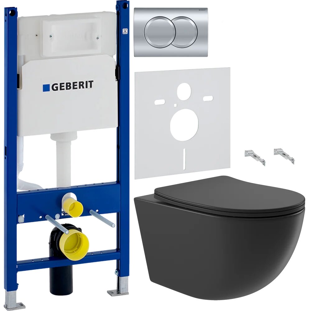 Комплект Унитаз подвесной Aqueduto Ovo OVO0140 безободковый, с микролифтом, черный матовый / Инсталляция Geberit Duofix Delta 458.149.21.1 с кнопкой смыва, хром / Шумоизоляция 156.050.00.1