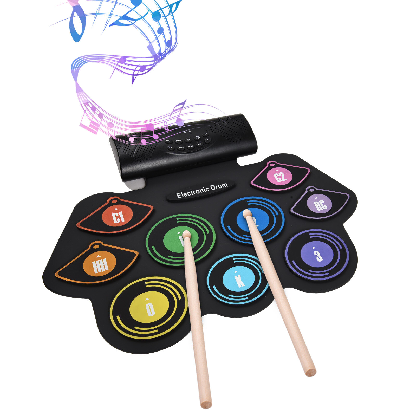 Электронная ударная установка Hand Roll Drum Set 9 подставок со встроенным стереодинамиком 2W, барабаны, ножки, подарок на праздник, день рождения, цветная тренировочная подставка, материал силикон + пластик, 12 демонстрационных песен, 7 звуков