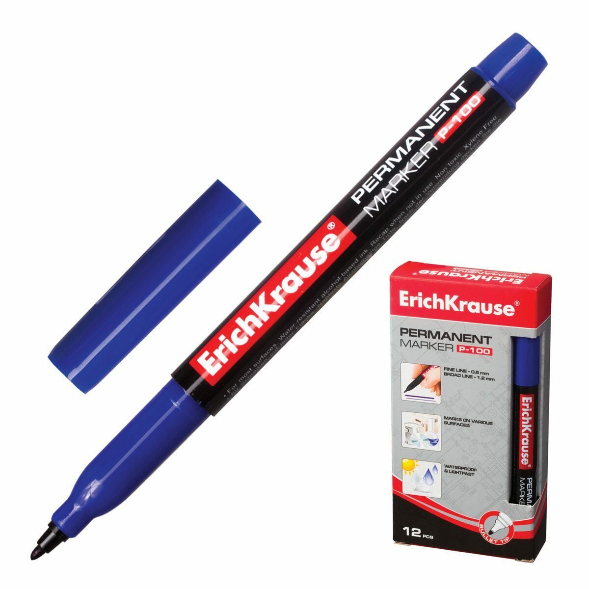 Маркер перманентный Erich Krause (нестираемый) "P-100", круглый наконечник, 0,5-1,2 мм, синий (12842)