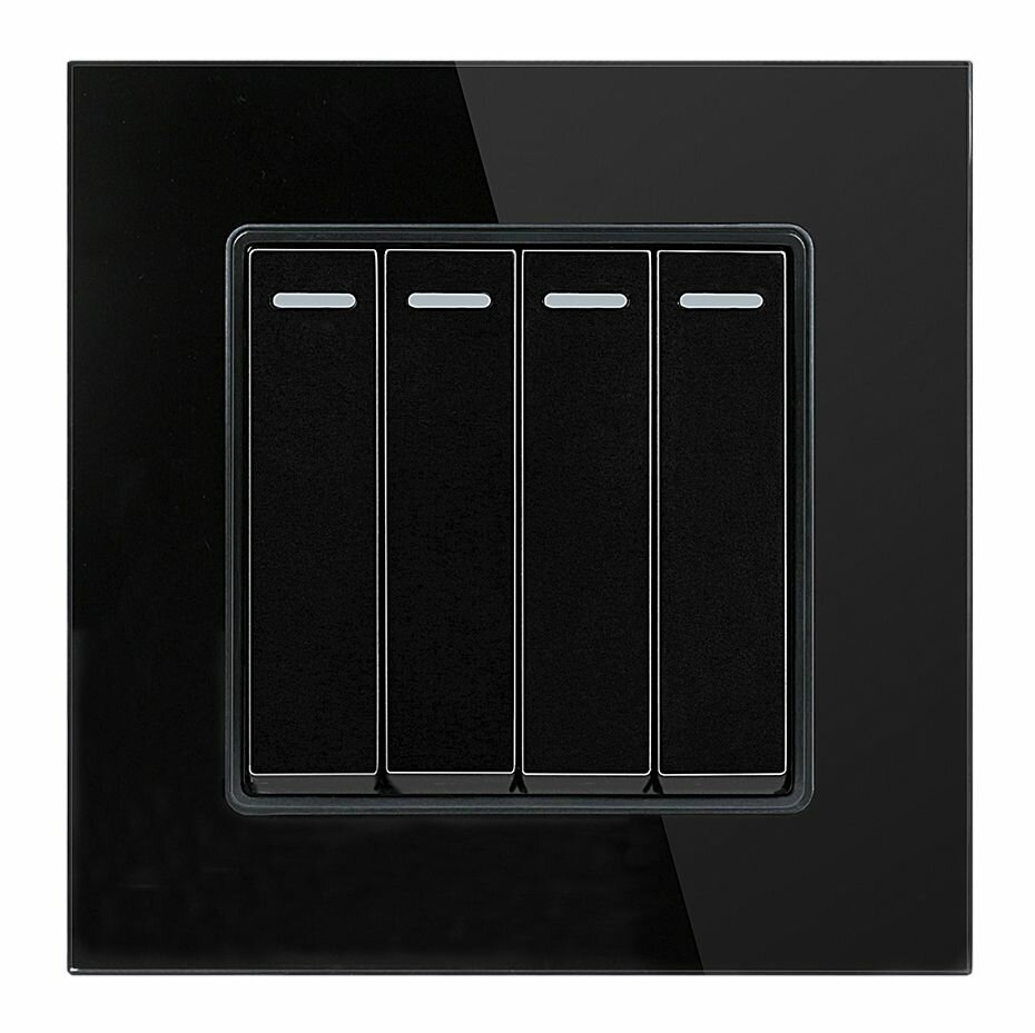 Выключатель механический четырехклавишные Черный, рамка закаленное стекло