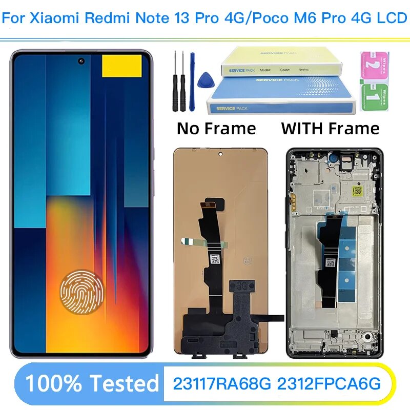 6,67 'AMOLED для Xiaomi Redmi Note 13 Pro 4G 23117RA68G Дисплей с цифровым преобразователем сенсорного экрана для Poco M6 Pro 4G 2312FPCA6G TFT Black Frame