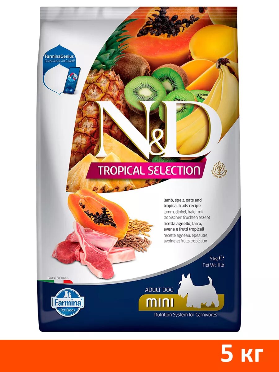 Корм сухой Farmina Dog N&D Tropical Selection Adult Mini Lamb для взрослых собак маленьких пород ягненок, 5 кг