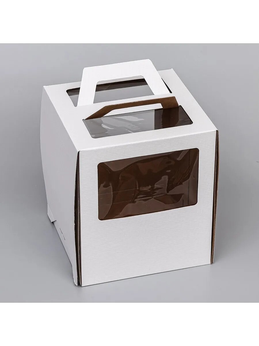 Белая коробка для тортов с окнами и ручками