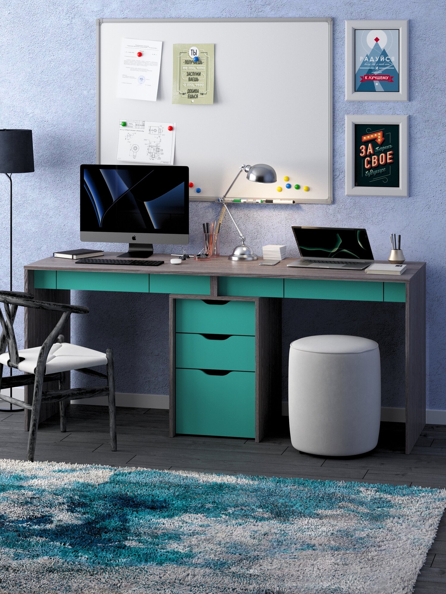 Есэндвич Grand Лаворо 5 Письменный стол для двоих, двойной, с тумбой 180х60х77 см (Анкор тёмный/Аква)