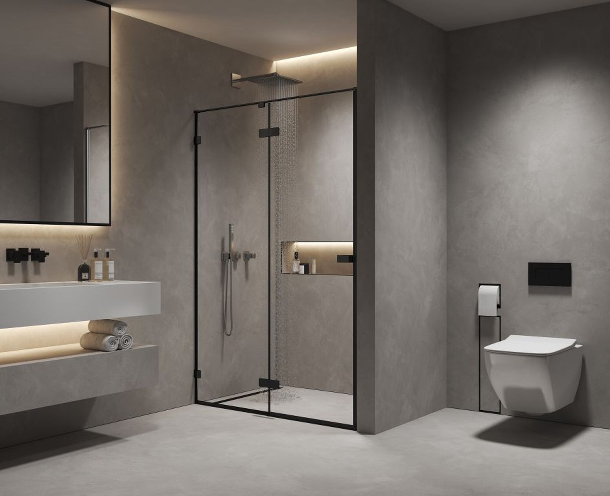 Душевая дверь в нишу 1200х2000 мм, стекло 8 мм, прозрачное, EasyClean, цвет профиля черный матовый