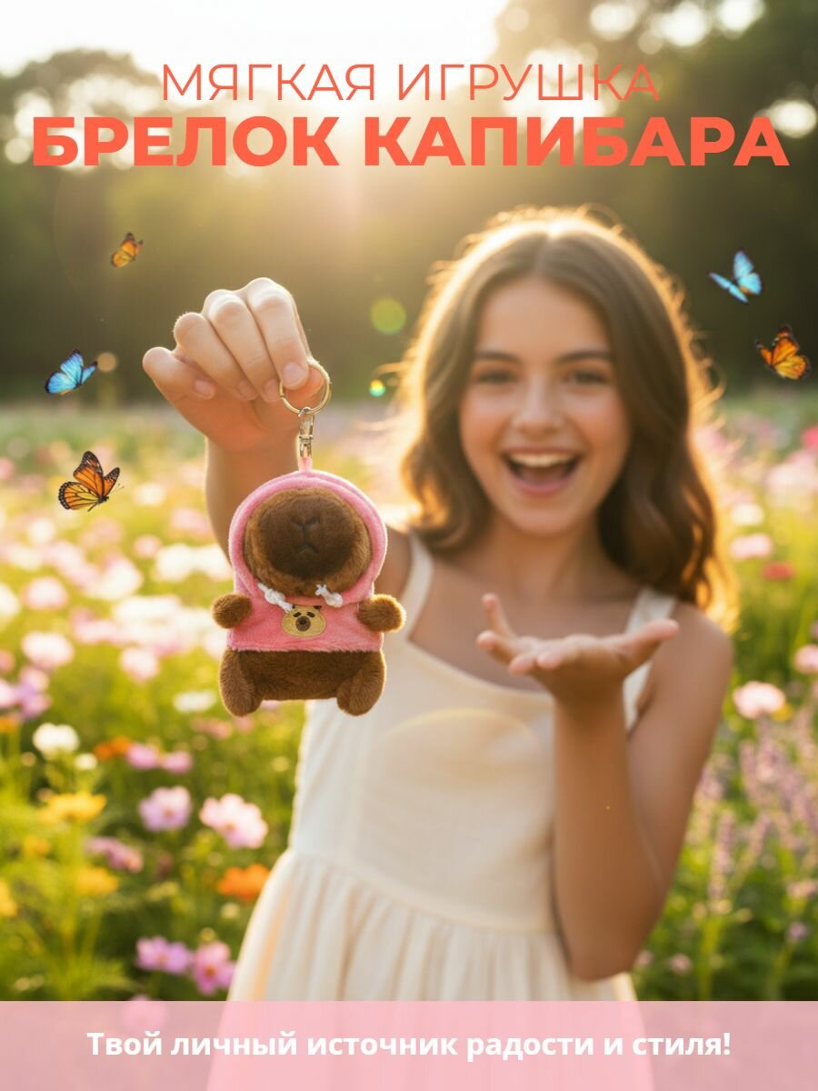 Мягкая игрушка Капибара в розовом худи 12 см, милый зверек антистресс, подарок детям и аксессуар в машину