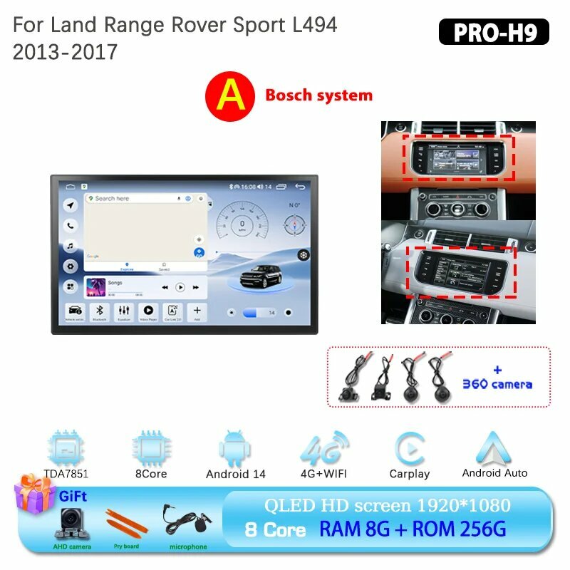 13,3-дюймовый автомобильный мультимедийный плеер для Land Range Rover Sport L494 2013-2017, GPS-навигация, Android13 4G Carplay, авто стерео 8 + 128G A 8x256G-360camera