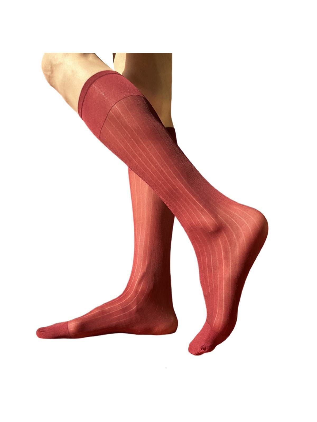 Мужские нейлоновые полупрозрачные носки до колена, Бургундский