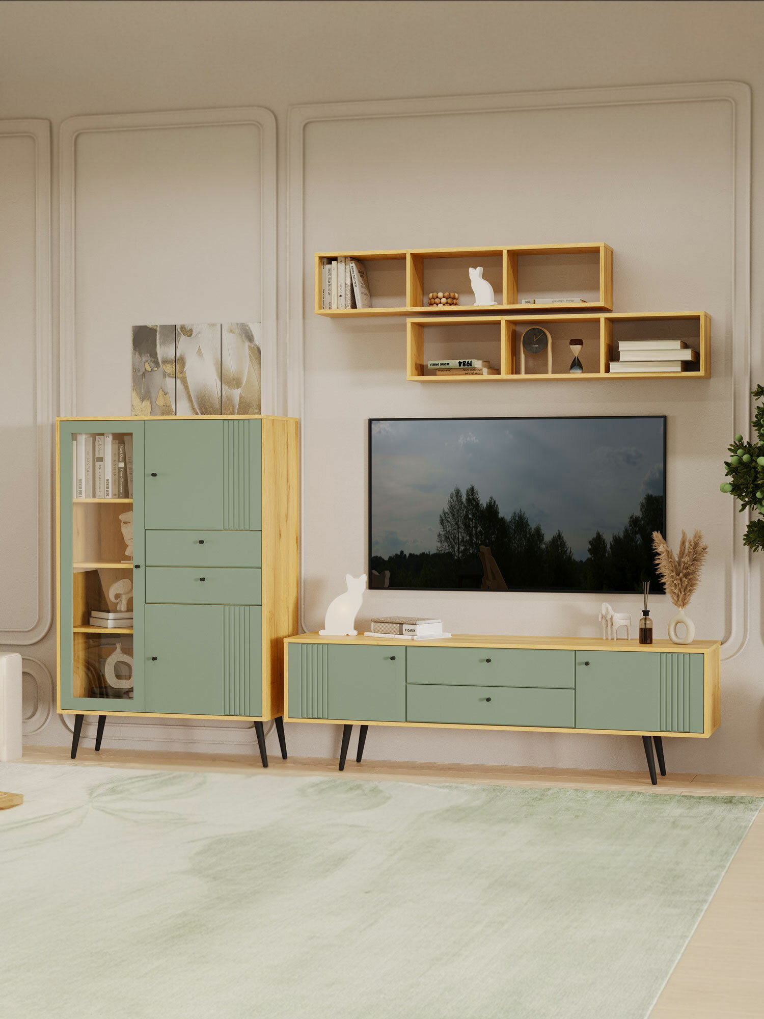 Гостиная комплект Вега Саксония Мини шкаф-витрина, ТВ-тумба, настенная полка, Дуб Крафт золотой / Серо-зеленый