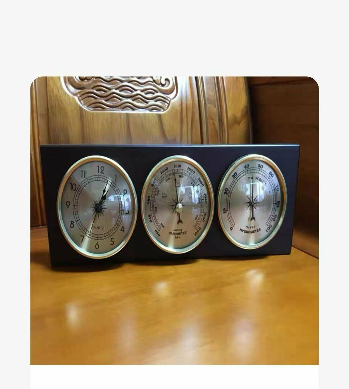 Термометр, барометр и гигрометр 3 в 1 "ANU", настенный, желтая деревянная подставка