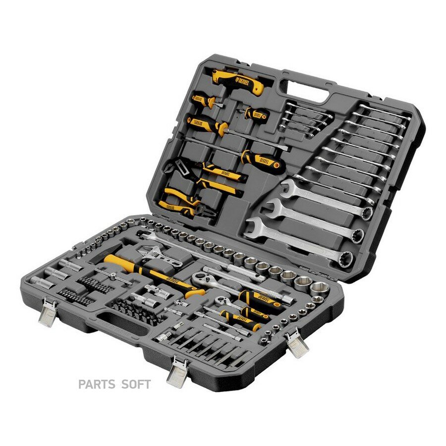 Набор инструментов, 1/2, 1/4, CrV, S2, пластиковый кейс, 122 предмета от официального дистрибьютора, DENZEL, артикул 15804