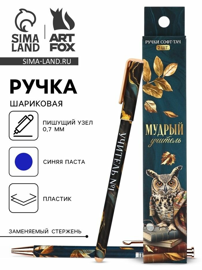 Ручки ArtFox "Мудрый учитель", пластик софт-тач, синяя паста, 0,7 мм, 2 шт