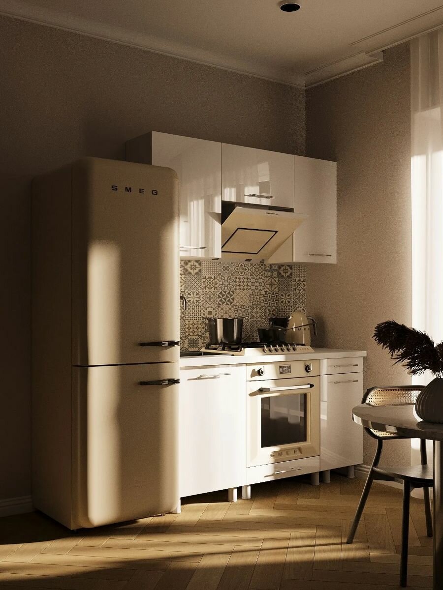 Кухонный гарнитур (кухня) Танго 1.5 м с окапом и модулем под духовой шкаф , МДФ фасад Белый , корпус Белый с текстурой древесные поры ЛДСП, со столешницей Антарес 26 мм, 1500х2160х600 тэкс