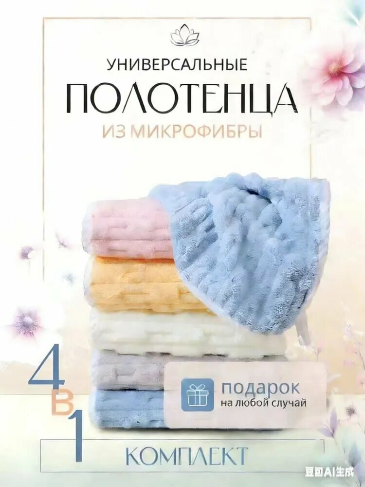 Полотенце для ванной, Микрофибра, голубой, светло-розовый, 4 шт.