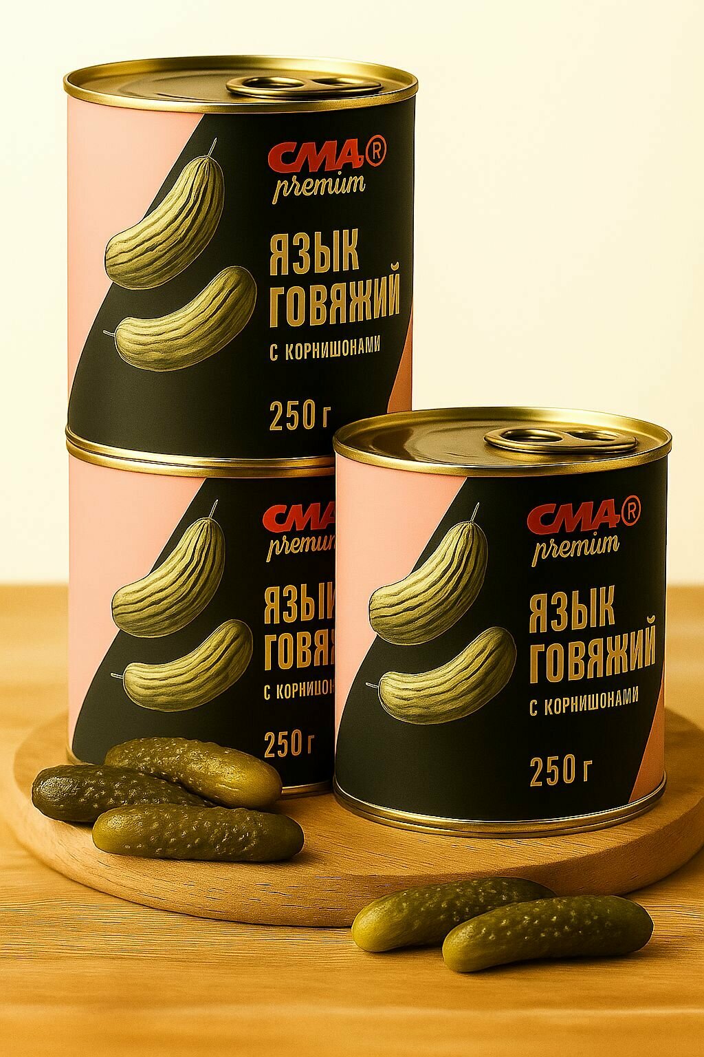 Язык говяжий в собственном соку с корнишонами 16шт*250 г