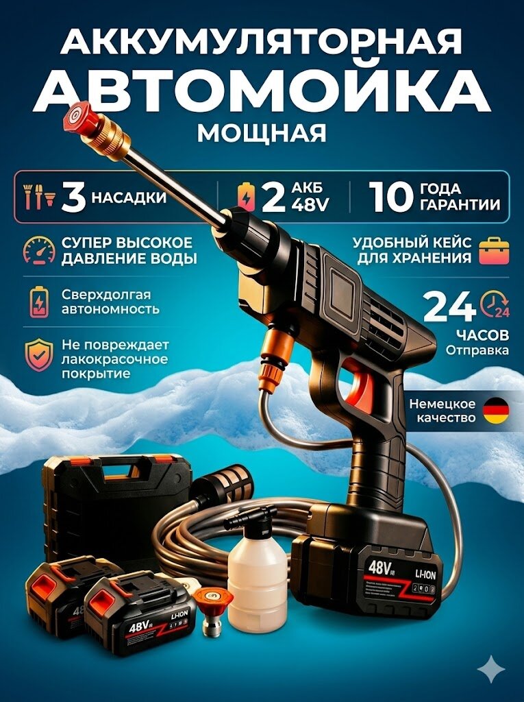 Мойка высокого давления аккумуляторная для автомобиля, Автомойка, в кейсе 2 аккумулятора, 3 насадки