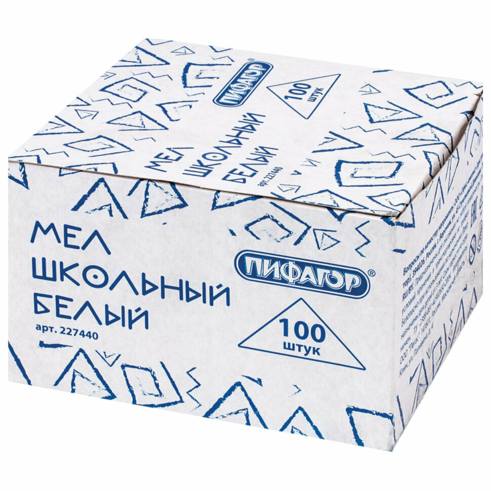 Мел белый квадратный 100 штук, пифагор, картонная упаковка, 227440, 227440
