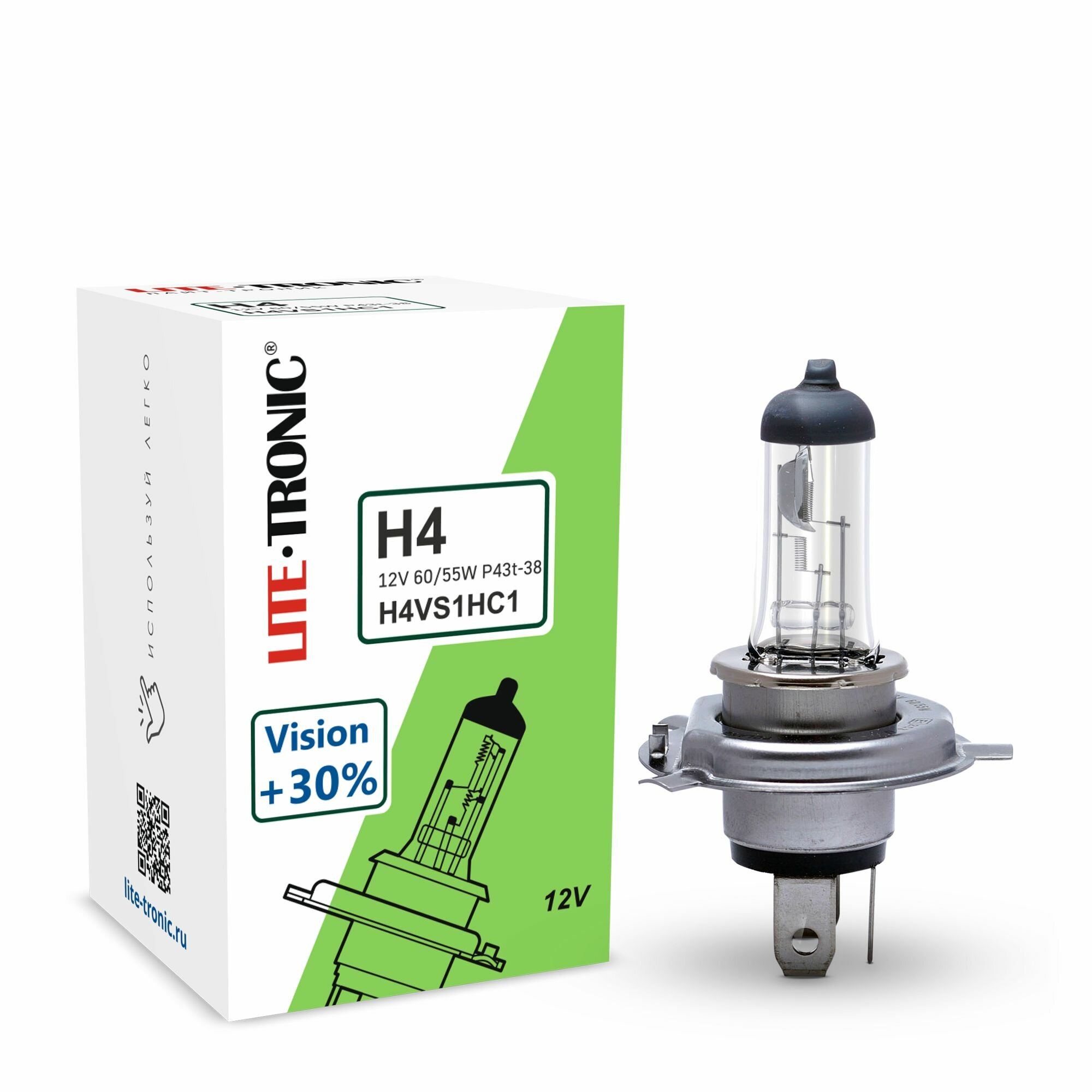 Галогенная лампа головного света H4 Lite-Tronic Vision+30% 12V 60/55W