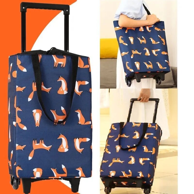 Сумка-тележка для покупок, двухслойная изоляция + горловина на шнурке, выдвижная тележка