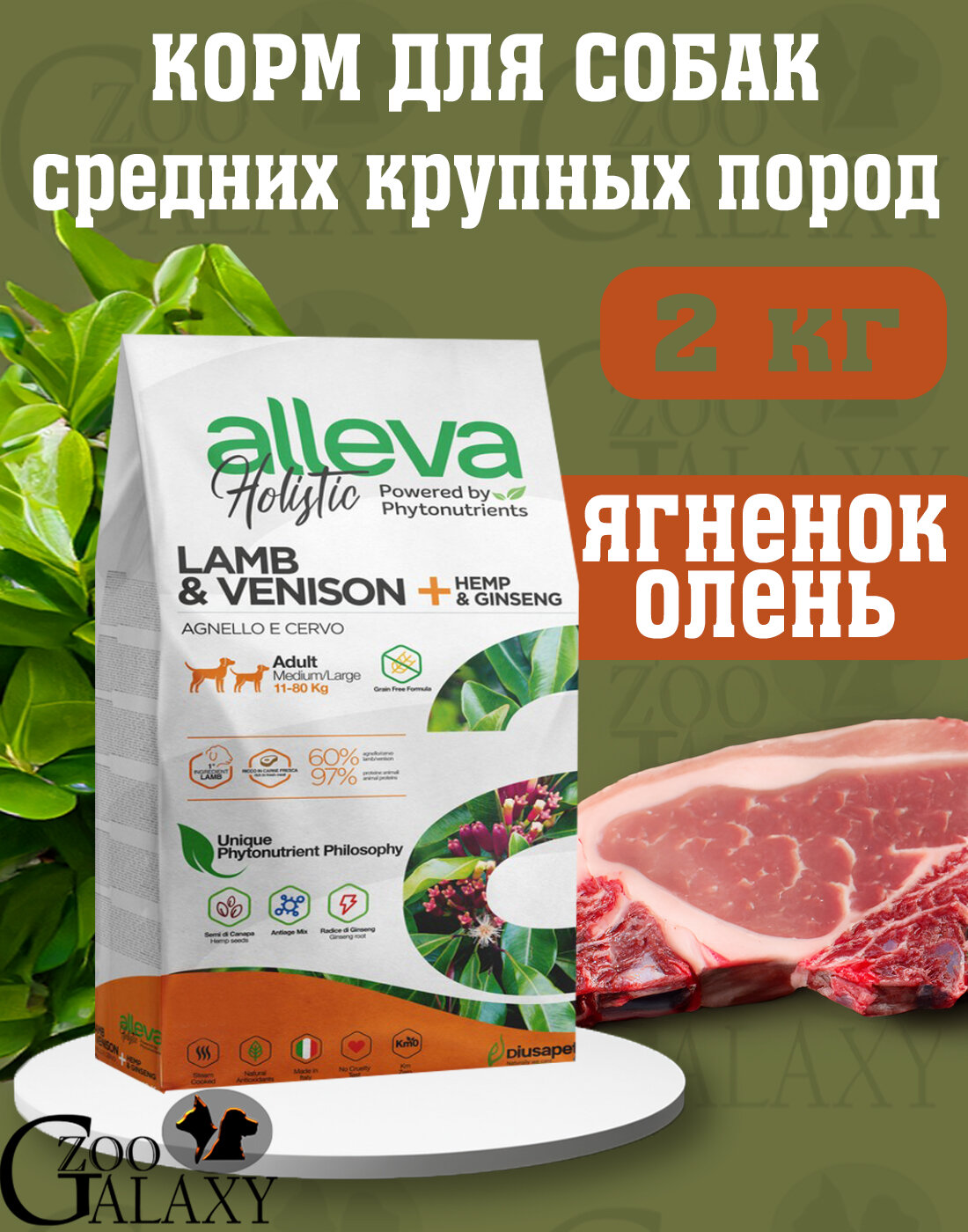 ALLEVA Корм HOLISTIC для собак Medium Maxi ягненок и олень 2 кг
