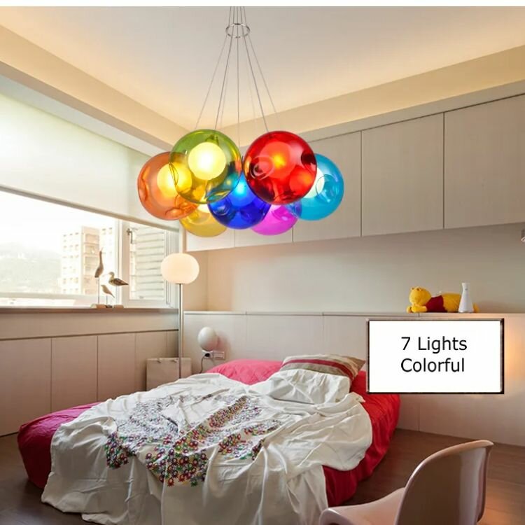 Потолочная Люстра С Дизайном В Виде Цветного Стеклянного Шара. Светодиодные Лампы В Теплом И Романтическом Стиле Подходят Для Гостиных, Столовых, Спален И Домашнего Декора.