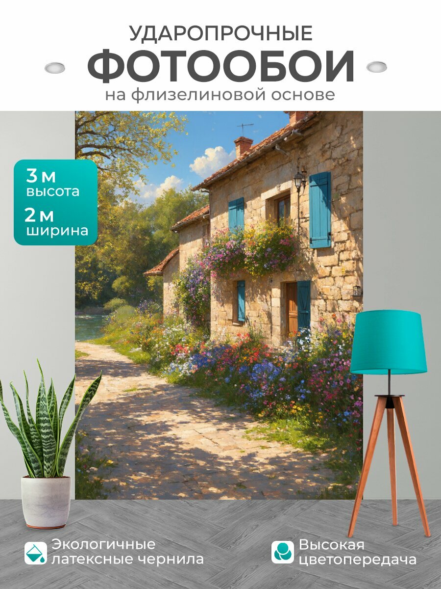 Фотообои моющиеся ударопрочные "Прованс: в это весеннее время года парки и сады полны живых цветов и свежей зелени. деревенские домики с яркими" 200x300 см. флизелиновые на стену