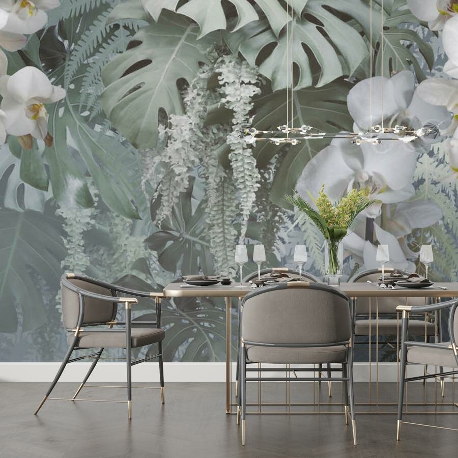 Фотообои Белая орхидея и монстера 13-364-M-Флекс 270 x 300 см (ВхШ) Бесшовные, флизелиновые, влагостойкие обои MasterFresok