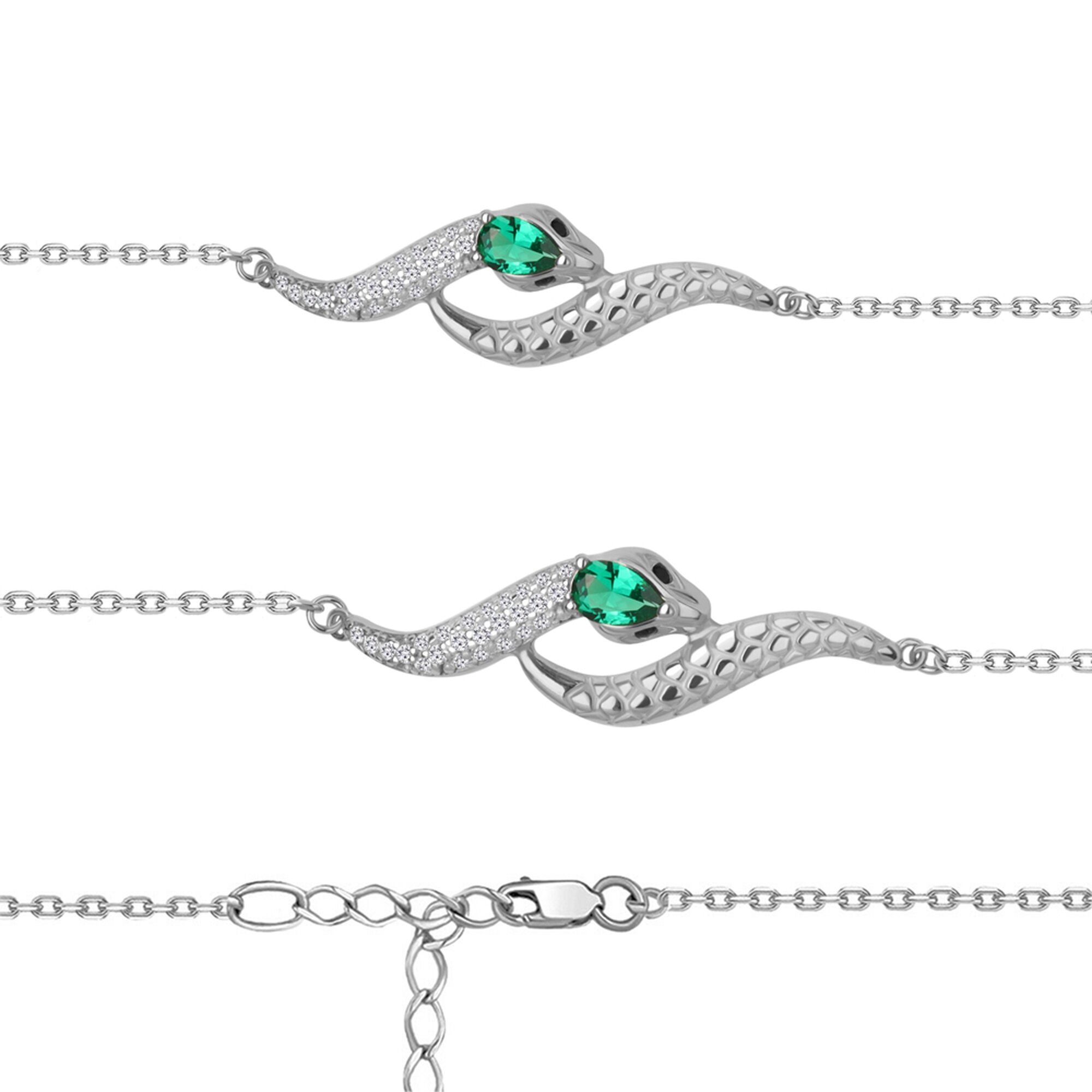 Браслет, серебро, 925 проба, родирование, кристалл, изумруд синтетический, фианит
