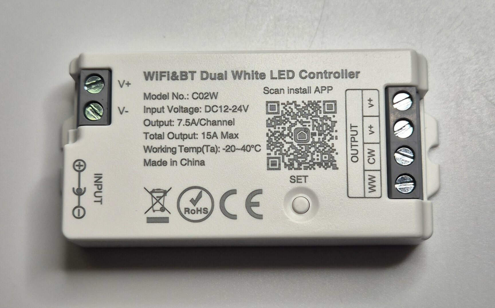 Контроллер управления WIFI/BT для CCT ленты 15А 12-24V 180-360W TUYA, Smart Life