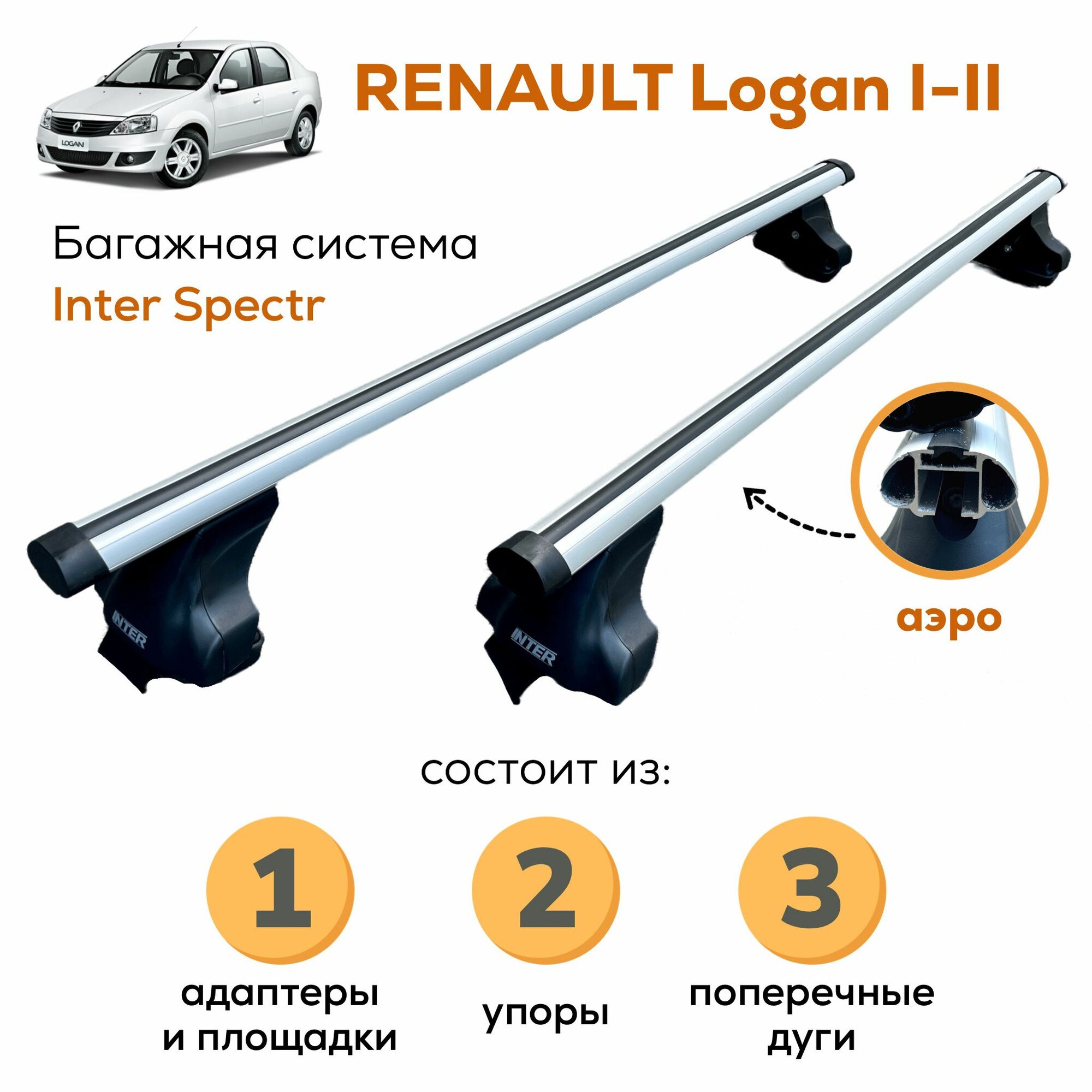 Багажник для Renault Logan I-II (Рено Логан), Inter Spectr аэро 120см на гладкую крышу с креплением в штатное место в дверном проеме
