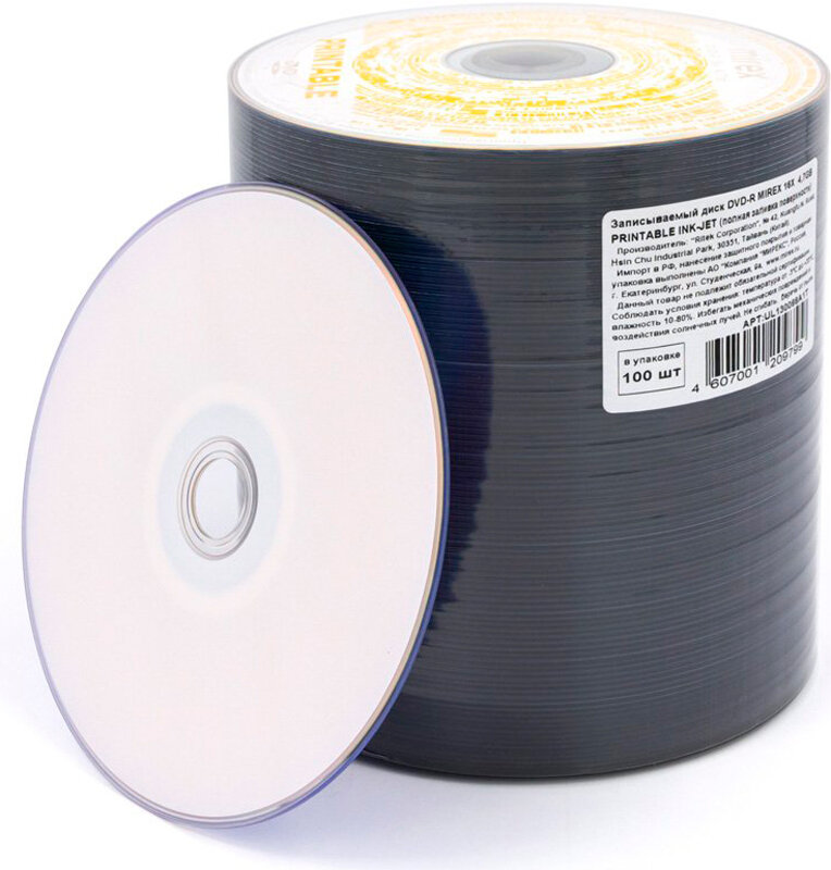 Диски Mirex DVD-R Ink Printable Shrink Bulk (100 шт.) Full Face (полная заливка) 4.7Gb,16x (UL130088A1T)