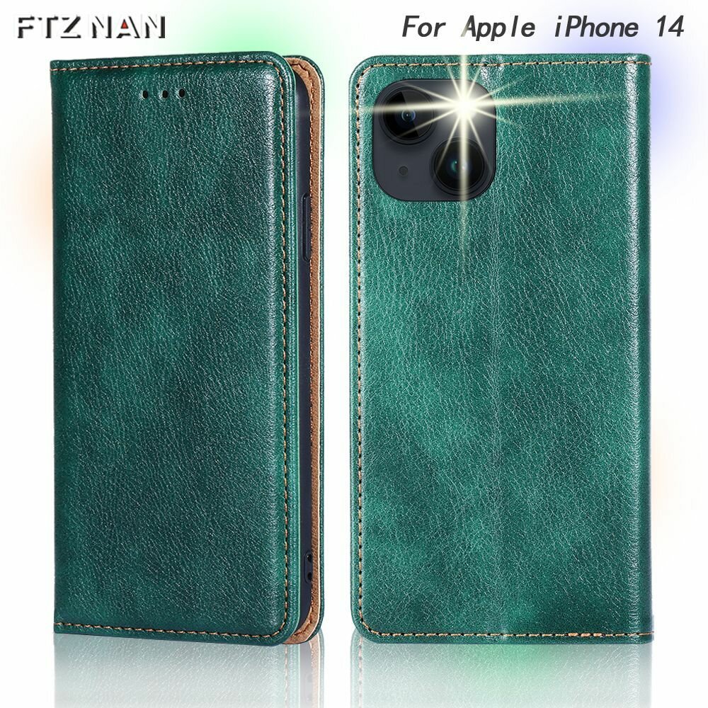 Кожаный чехол-книжка MyPads для Apple iPhone 14 (зеленый)