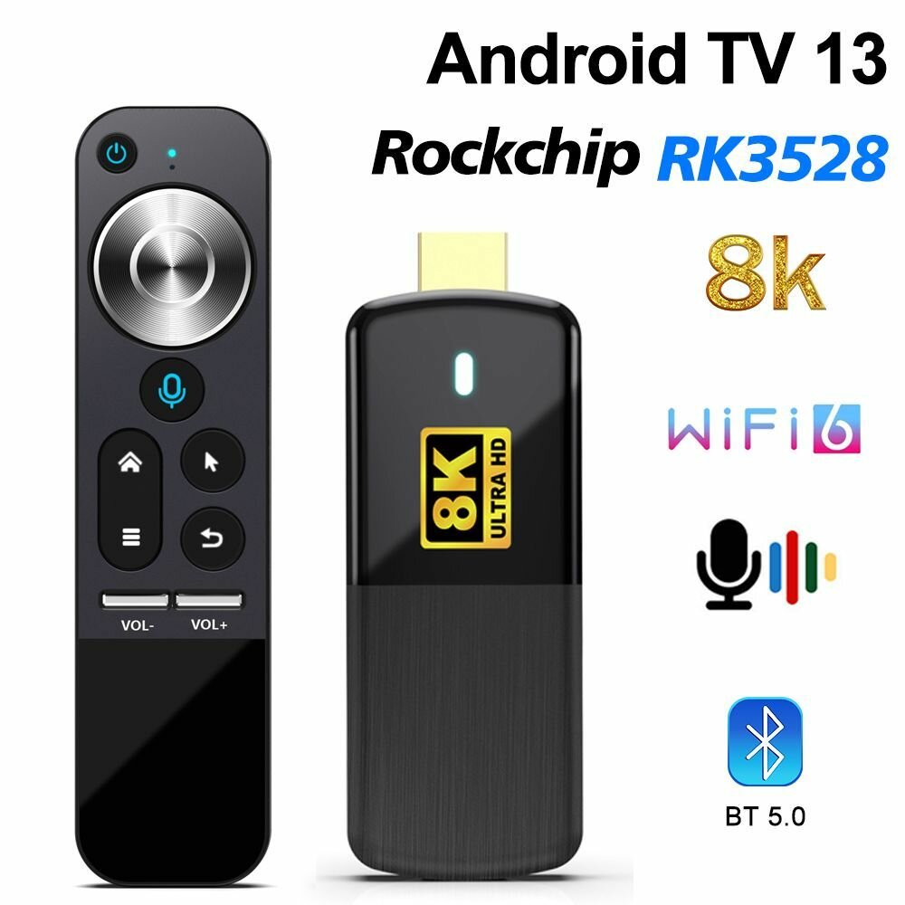 Smart TV StickH96MAX M3 AndroidTV13 RK3528 ТВ-приставка WiFi6 BT5.0 Dongle 8K OTA 2G16G DLNA с голосовым управлением