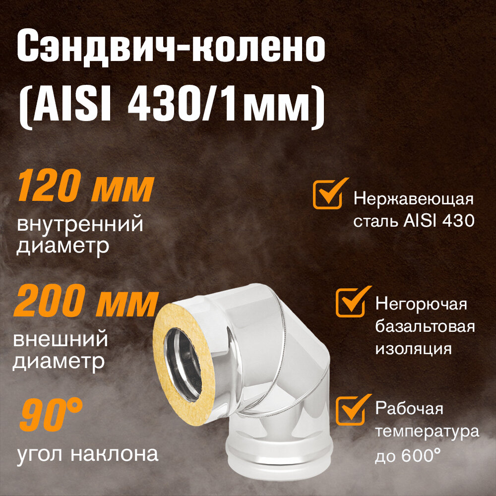 Сэндвич-колено для дымохода из нержавеющей стали (AISI 430/1,0мм) 90* 3 секции (120х200)