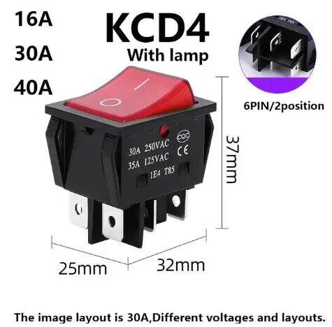 Переключатели кнопки питания KCD4, пластик, 30/35A 250/125 В переменного 2position 6PIN Red, 30A