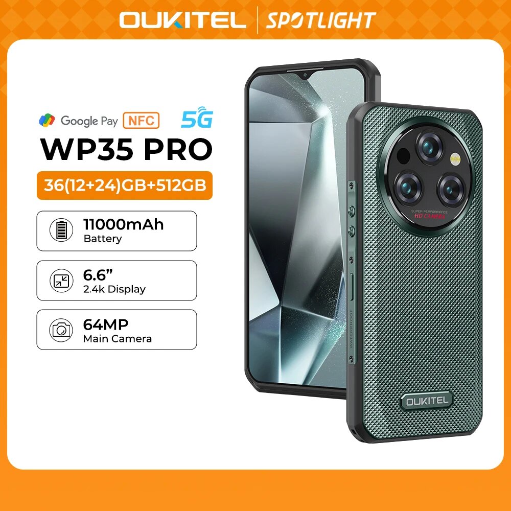 Oukitel WP35 PRO 5G, 36GB+512GB, 6.6" 2.4K, 64MP, NFC, Gre