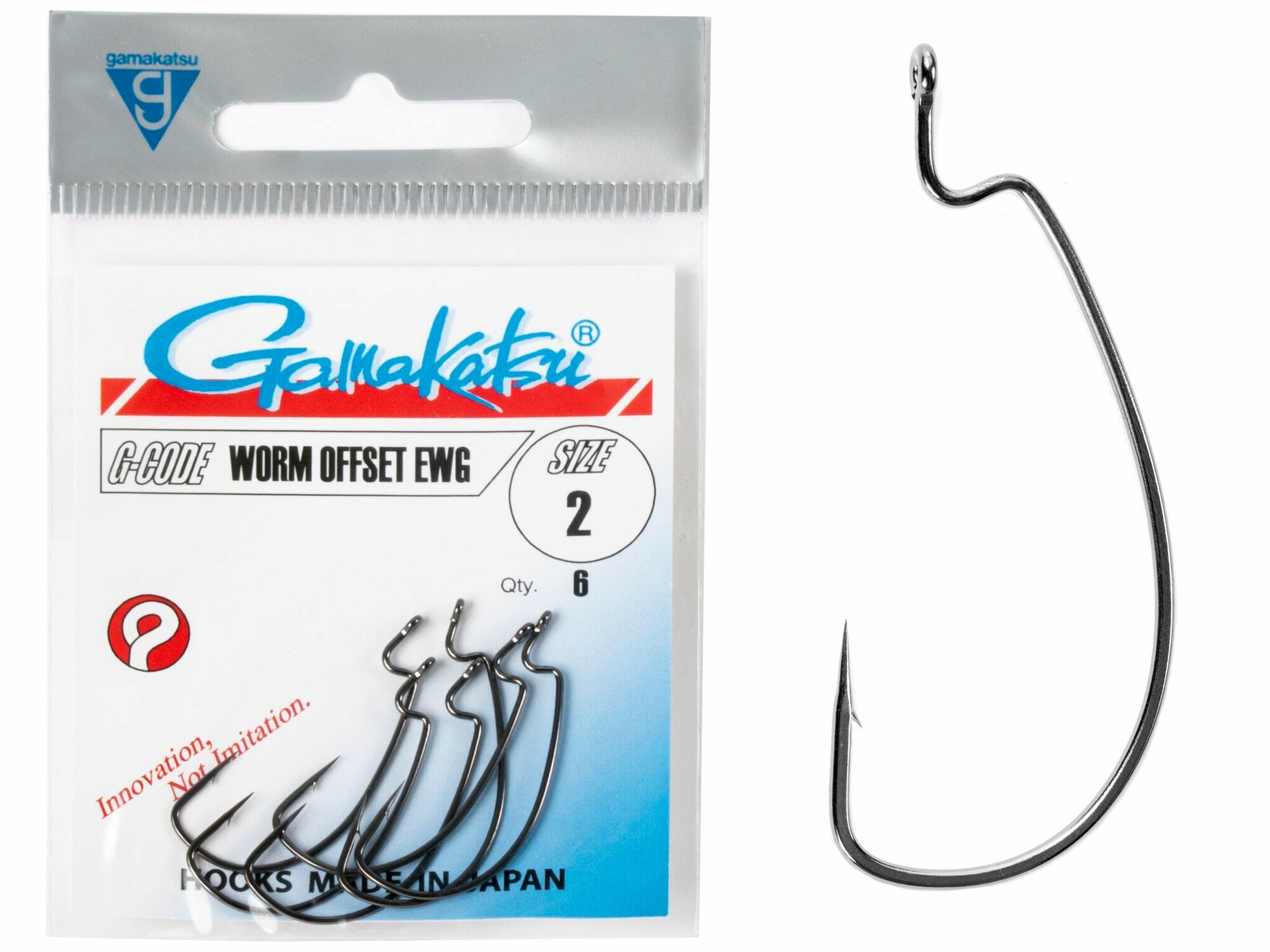 Крючки для рыбалки офсетные металлические набор на щуку и сома, Gamakatsu Worm OFFSET EWG HOOKS BLACK разм. 02 6шт. по 1 упак, снасти карповые летние Япония
