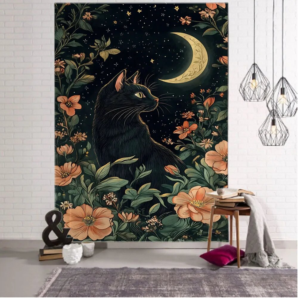 Гобелен Черный кот в цветах под луной, 90x75 см