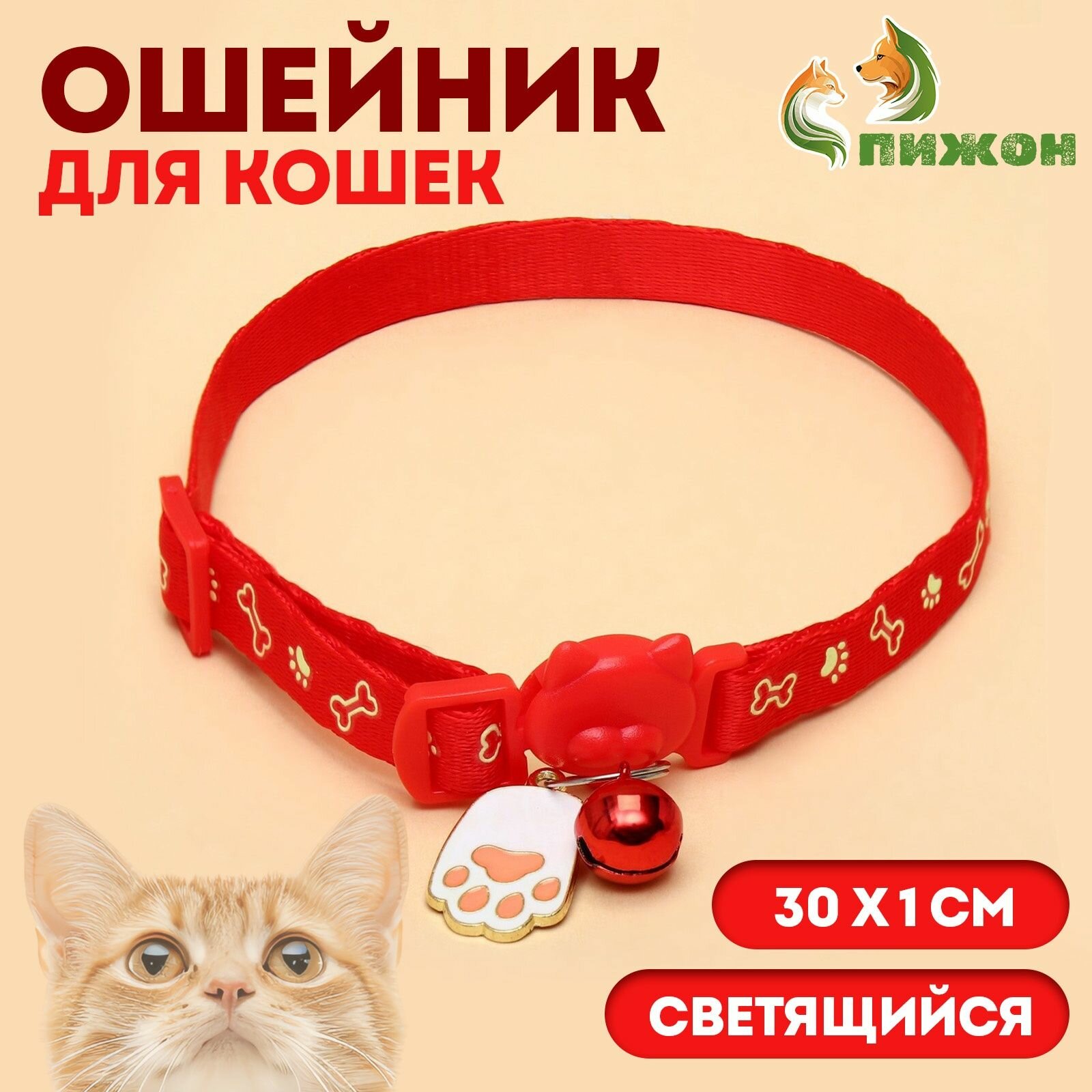 Ошейник кошачий "Лапка" светящийся, с бубенчиком и подвесом, 30х1 см, полиэстер, красный