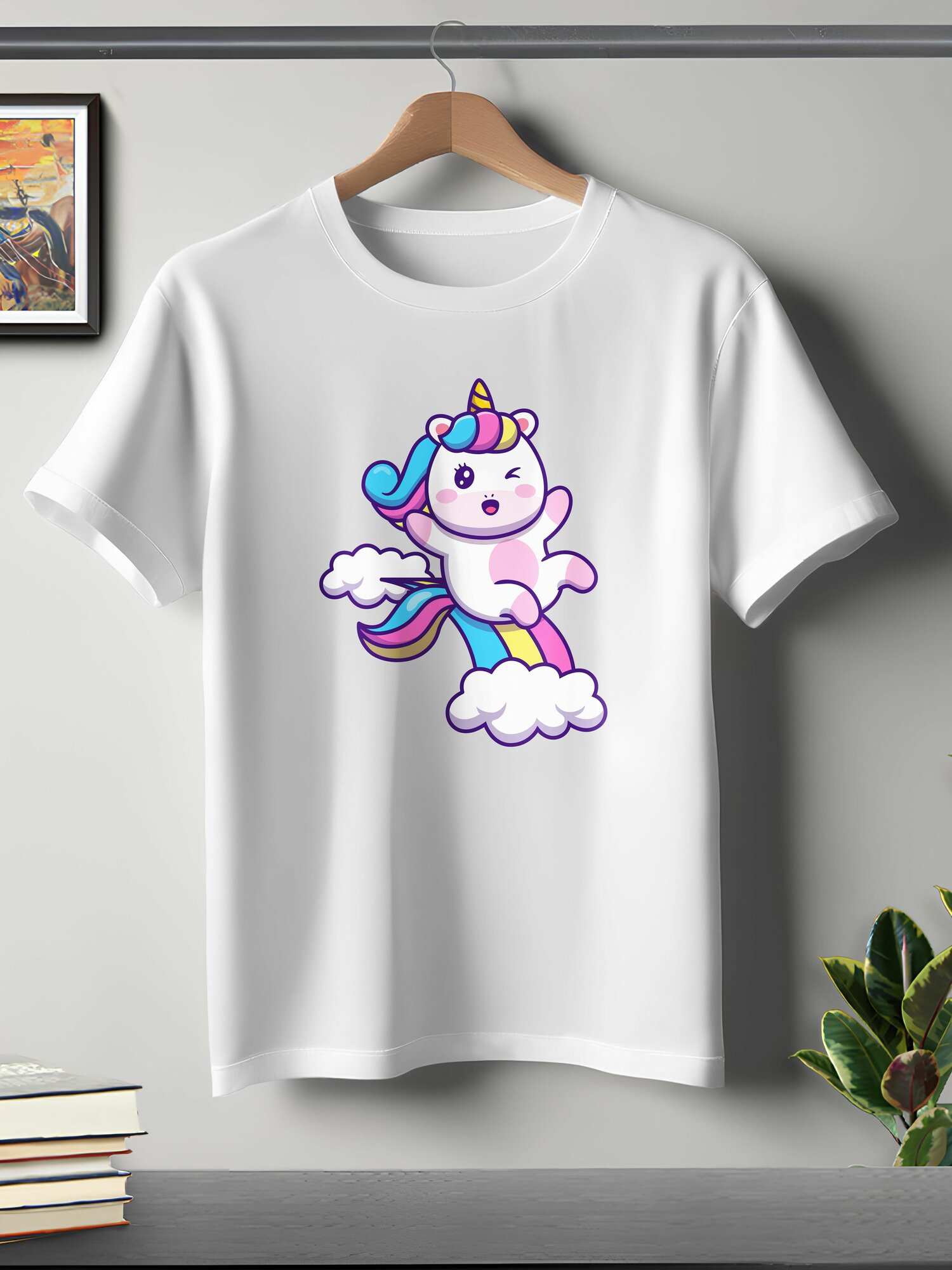 Футболка  Детская ONEQ 104 (4-5) размер с принтом Единорог, белая